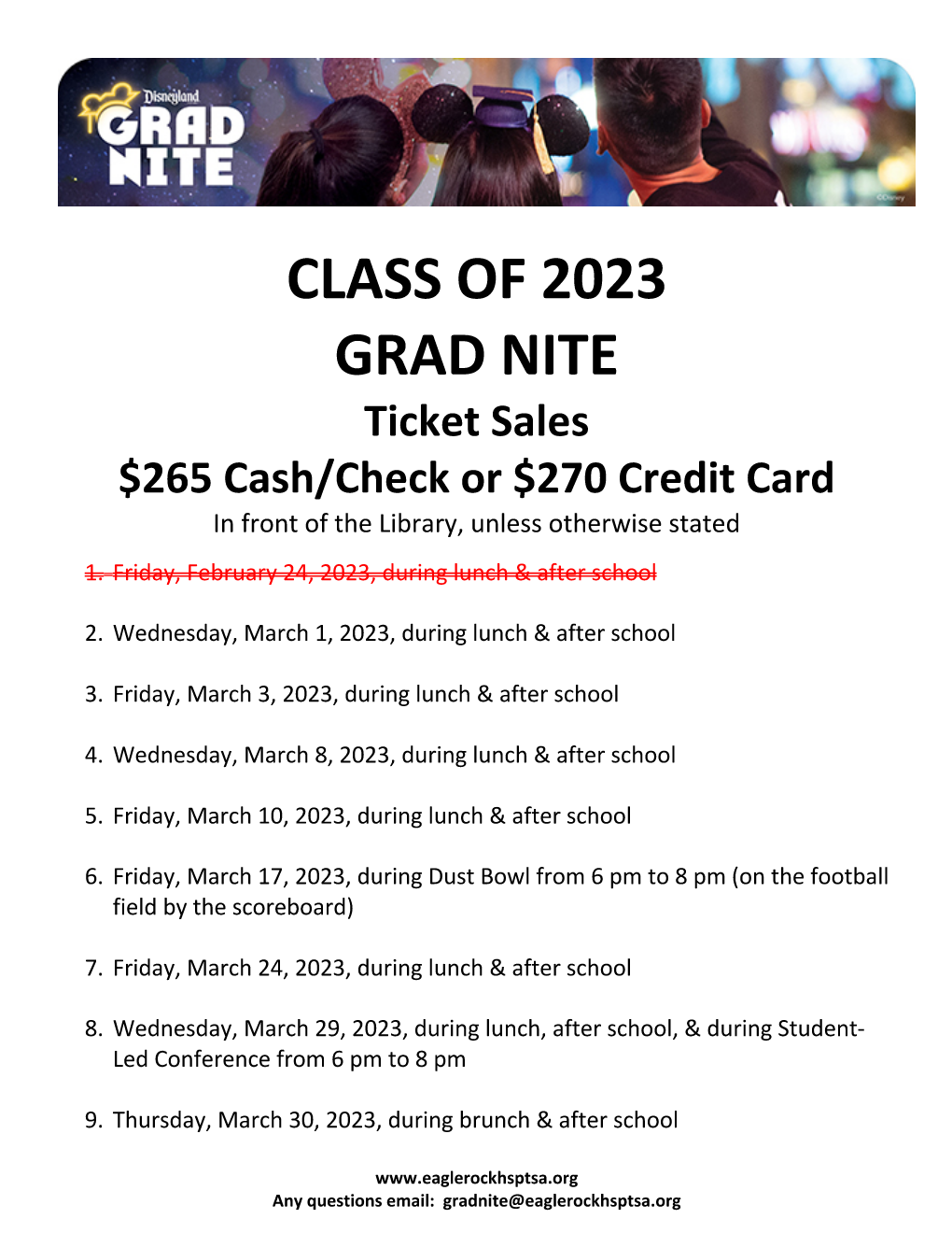 Class of 2023 Grad Nite Ticket Sales (2/24, 3/1, 3/3, 3/8, 3/10, 3/17 ...